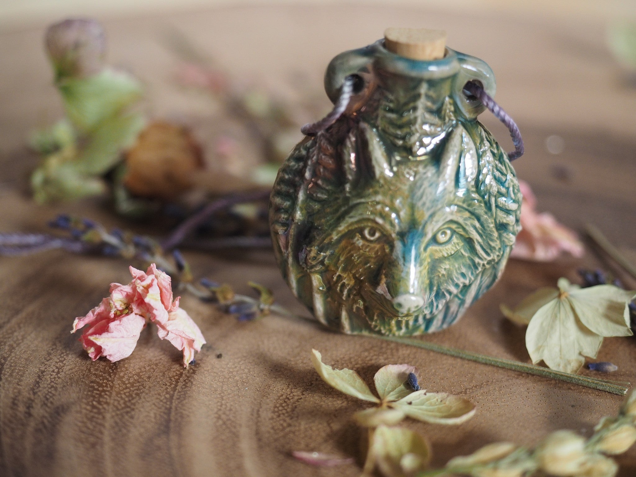 Raku Wolf Bottle with Cork