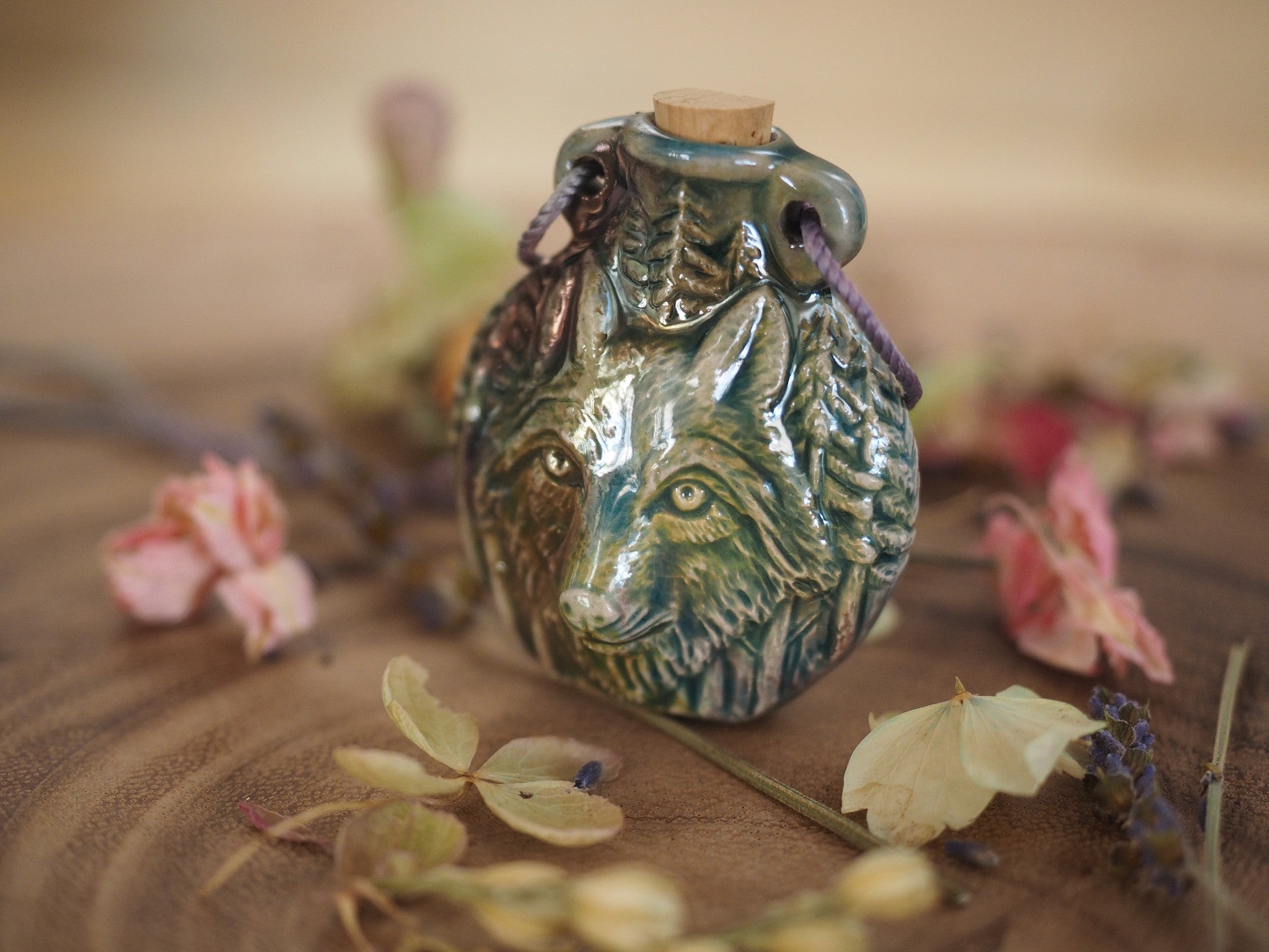 Raku Wolf Bottle with Cork